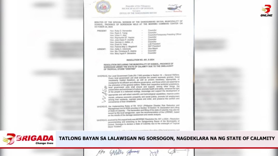 Tatlong bayan sa lalawigan ng Sorsogon, nagdeklara na ng State of Calamity